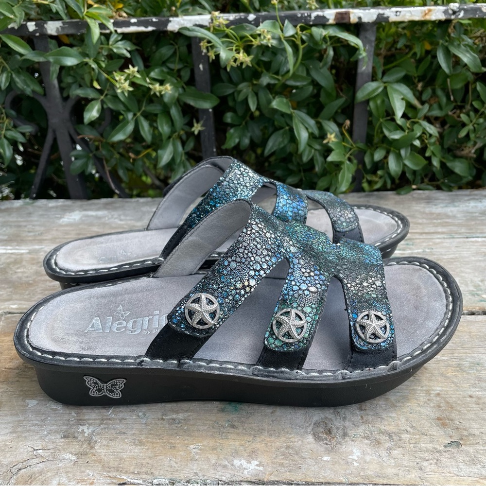 Alegria 38 Dinah Deep Sea Blue Leather Slide Sandals … - Gem